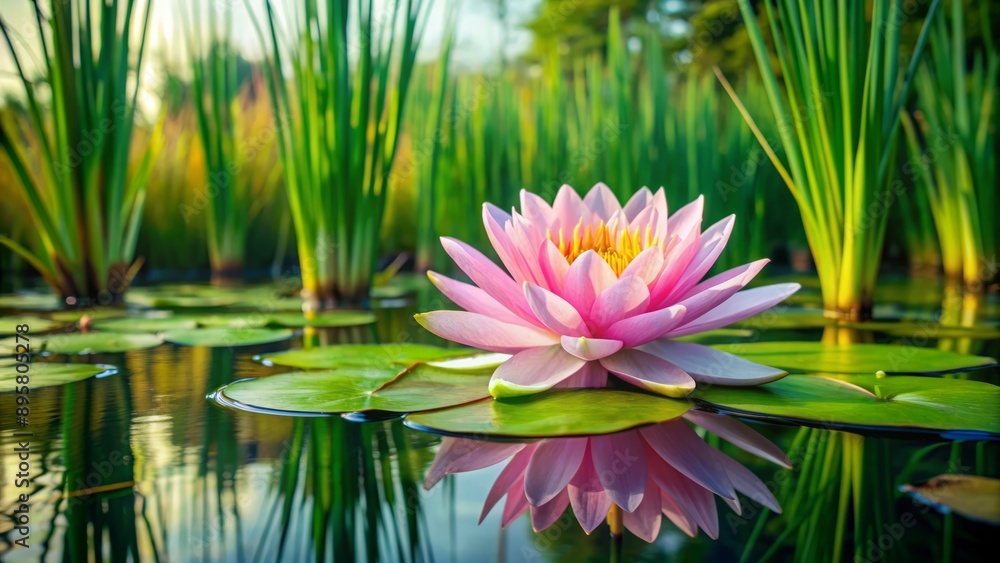 Serenely beautiful pink lotus flower blooms amidst lush green lily pads ...