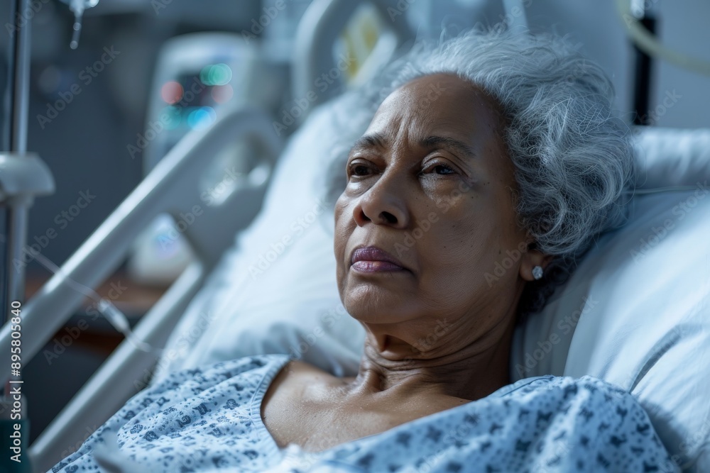 A contemplative elderly woman with gray hair lies in a hospital bed ...
