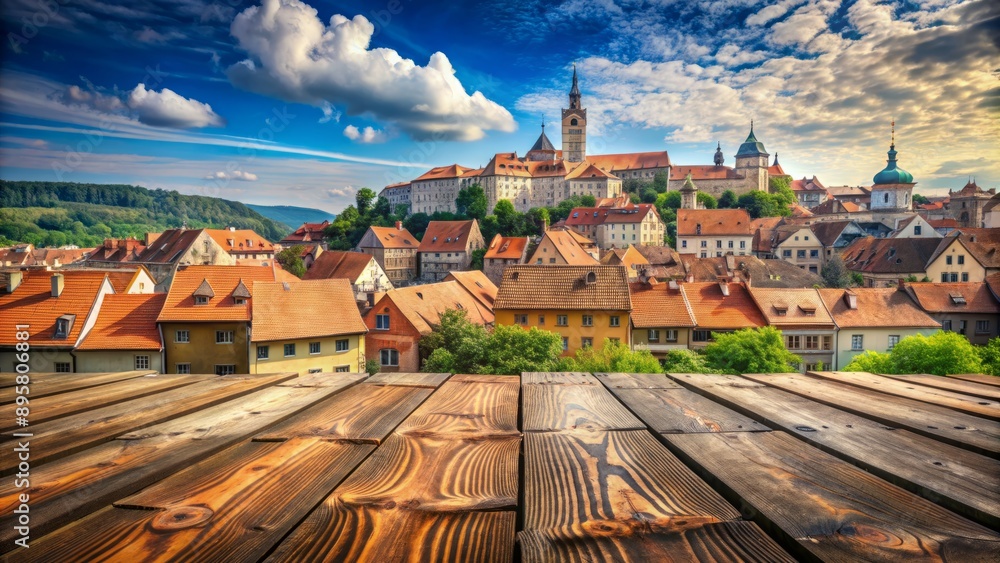 Serene medieval townscape with wooden platform foreground, terracotta ...