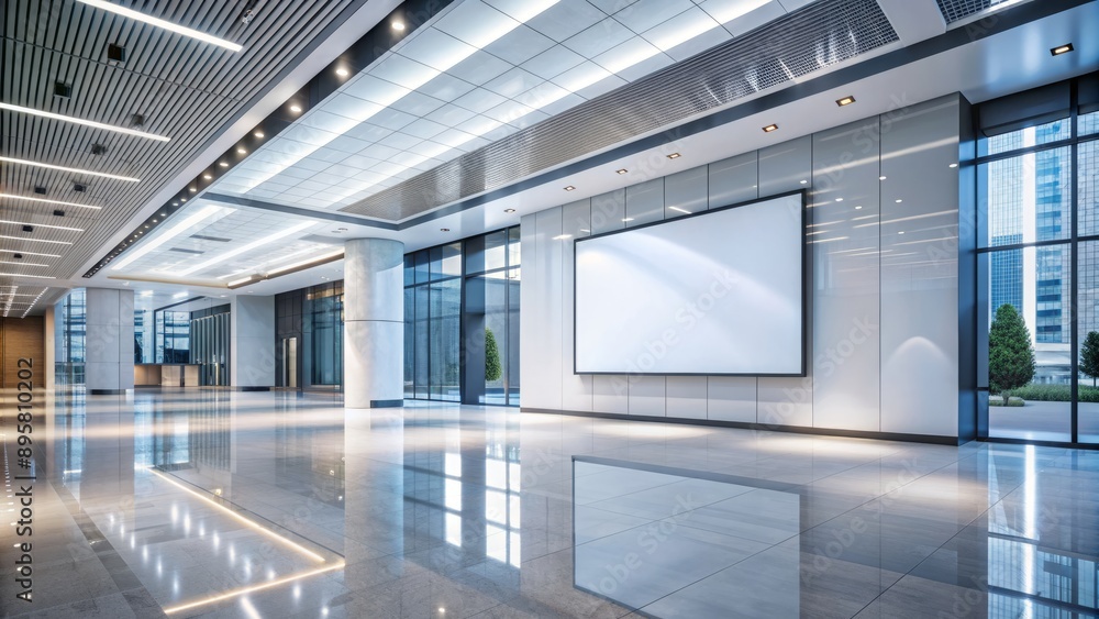Sleek modern commercial building interior features vast blank white ...