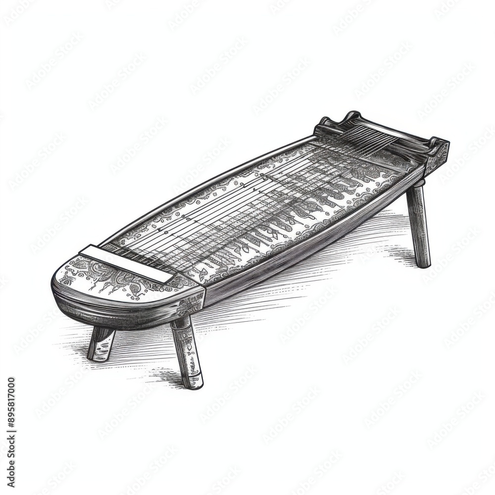 Black and white Vintage engraved art of a koto isolated on white ...