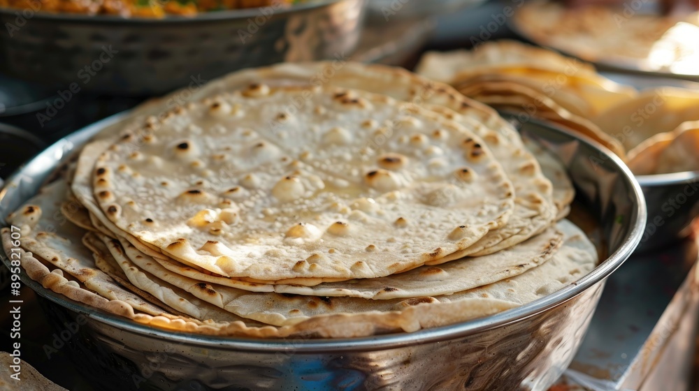 Chapati flatbreads served in bucket for langar at Sikh gurdwara temple ...