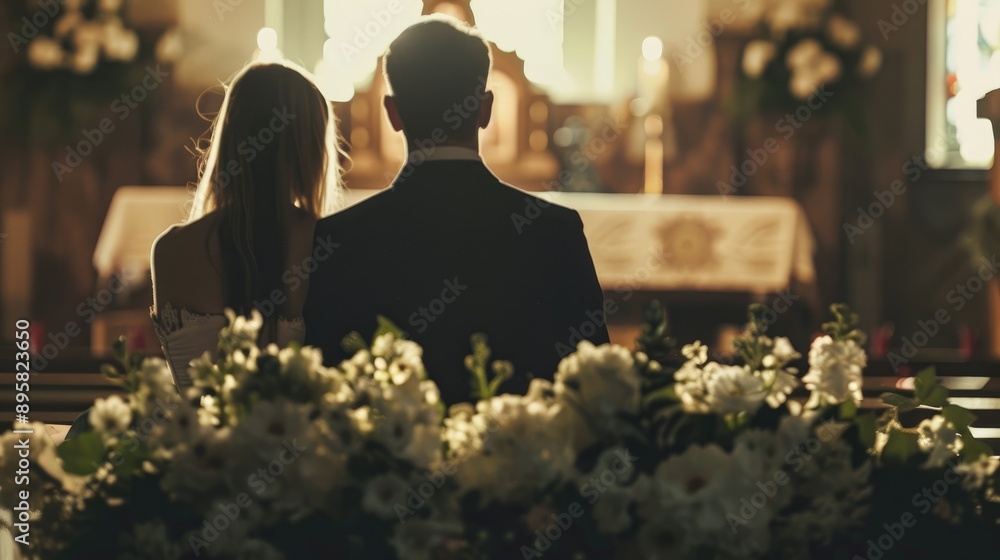 Funeral ceremony with couple flowers and coffin in church for mourning ...