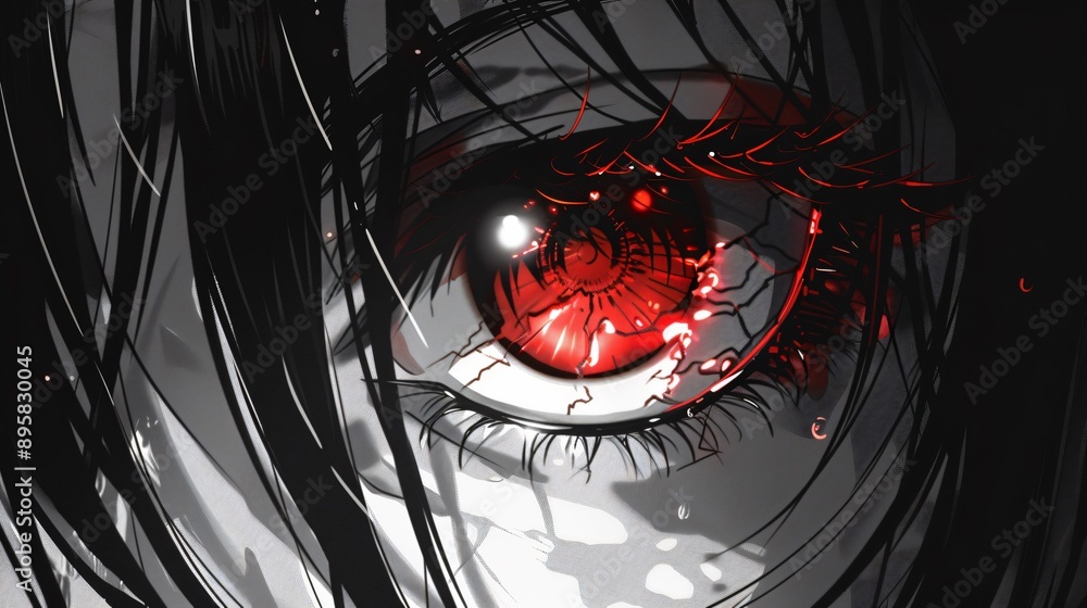 Red eye burning with intensity framed by sharp black and white hair the ...