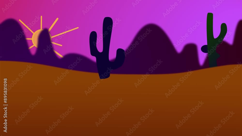 Animation of sunrise in desert with cacti and rocky mountains. Travel ...