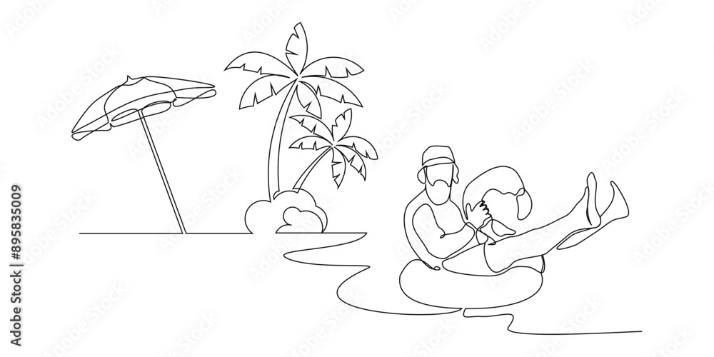 Continuous single line sketch drawing beach vacation summer travel man ...