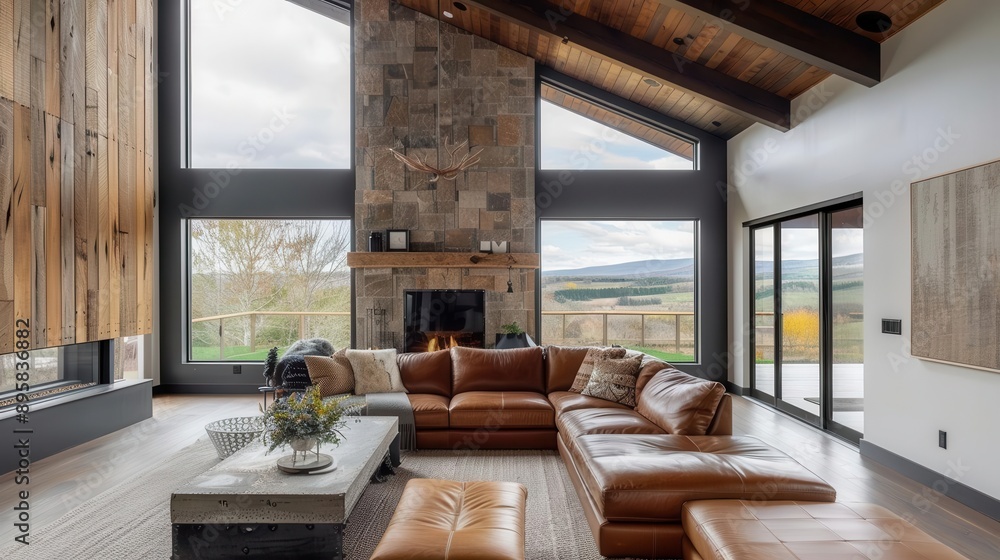 modern farmhouse living room with vaulted ceilings oversized leather ...