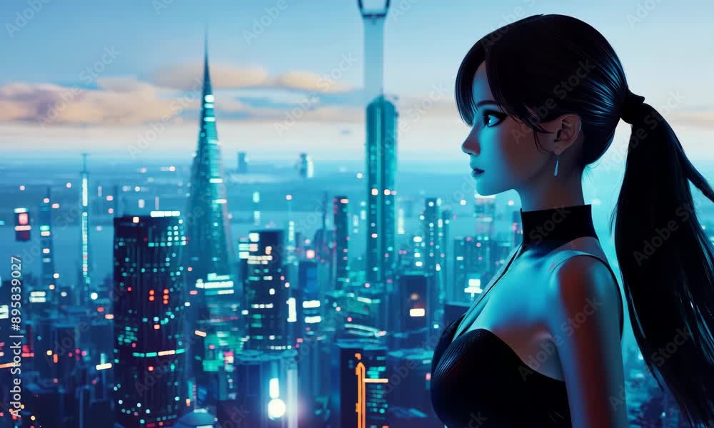 Anime style video of a futuristic cyberpunk cityscape with a female ...