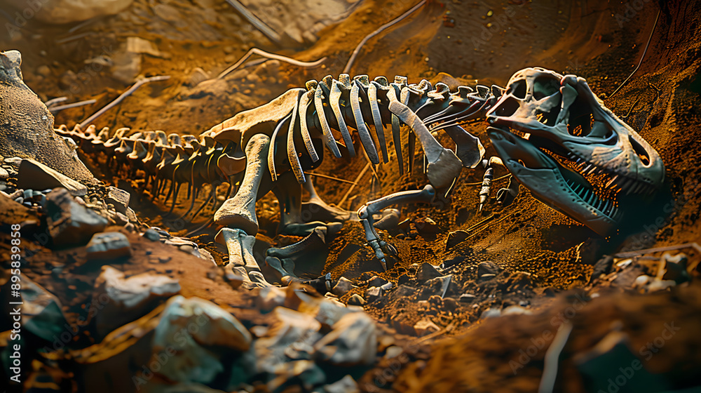 Unearthing a dinosaur skeleton in an excavation site, showcasing ...