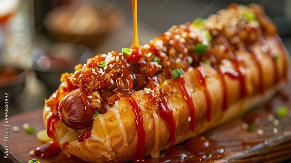 Drizzle ketchup on a Korean-style hot dog. It's a deep-fried flour ...