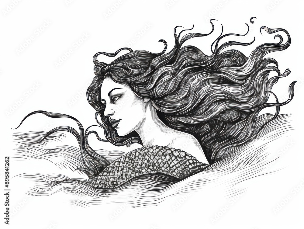 Black and white Vintage engraved art of a siren isolated on white ...