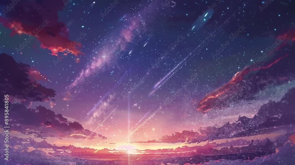 Anime night sky with beautiful star falls and celestial flares ...