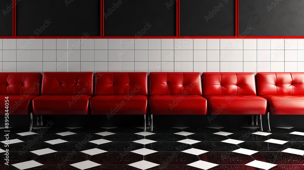 Row of red cafe double booths next to a wall of white diamond-shaped ...