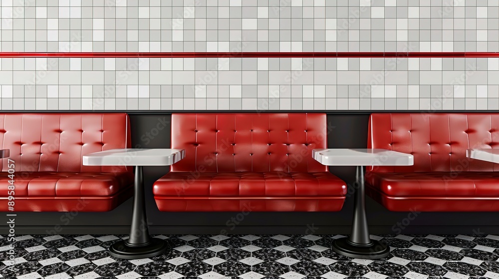Row of red cafe double booths next to a wall of white diamond-shaped ...