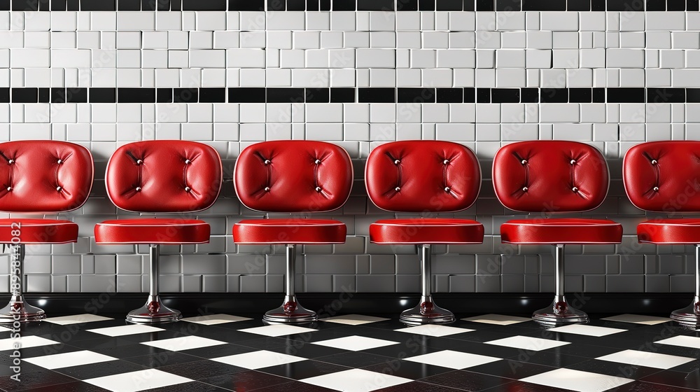 Row of red cafe double booths next to a wall of white diamond-shaped ...