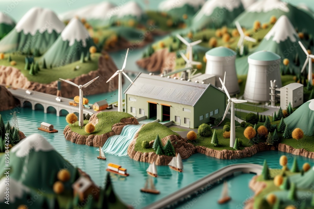 A detailed miniature model depicting a hydro power plant with wind ...
