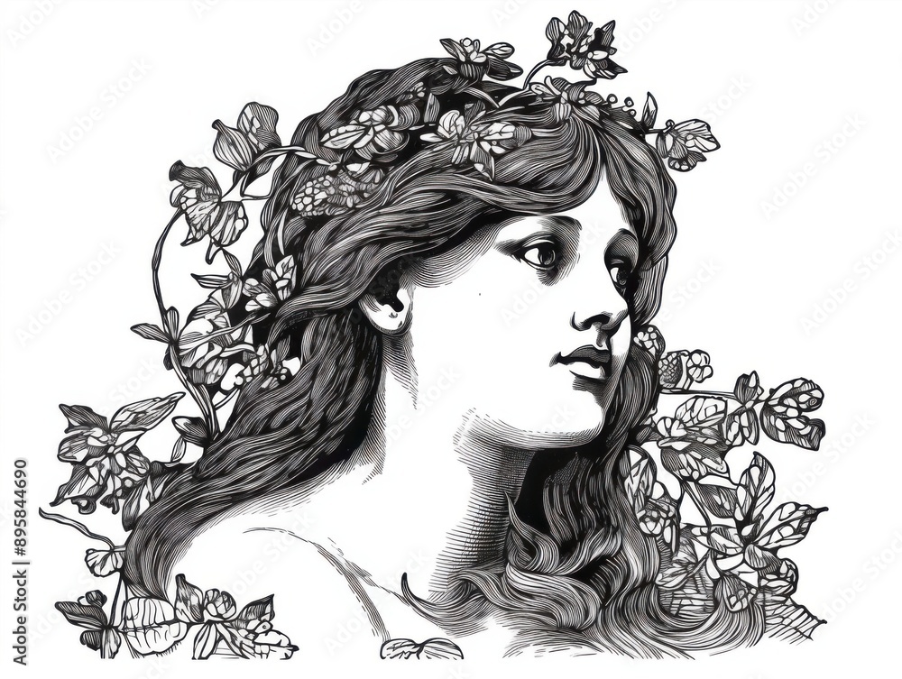 Black and white Vintage engraved art of a nymph isolated on white ...