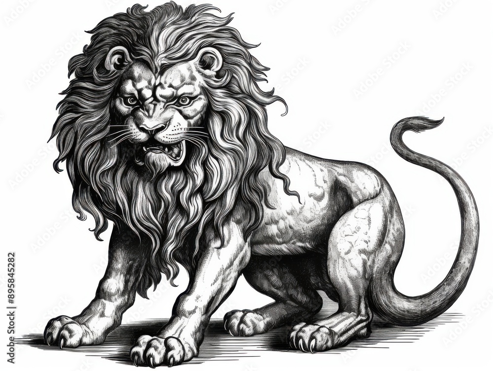 Black and white Vintage engraved art of a manticore isolated on white ...