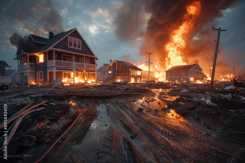 Disastrous scene of a neighborhood with homes engulfed in a raging fire ...