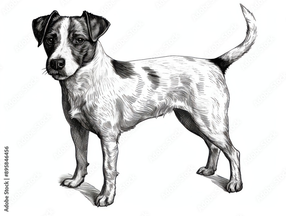 Black and white Vintage engraved art of a Jack Russell Terrier isolated ...