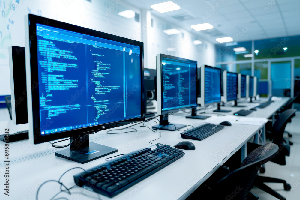 Modern computer lab with multiple monitors displaying code ...