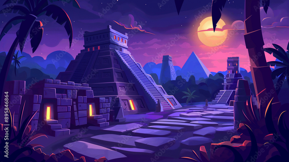 The Ancient aztec village with temple, Game background, Illustration ...