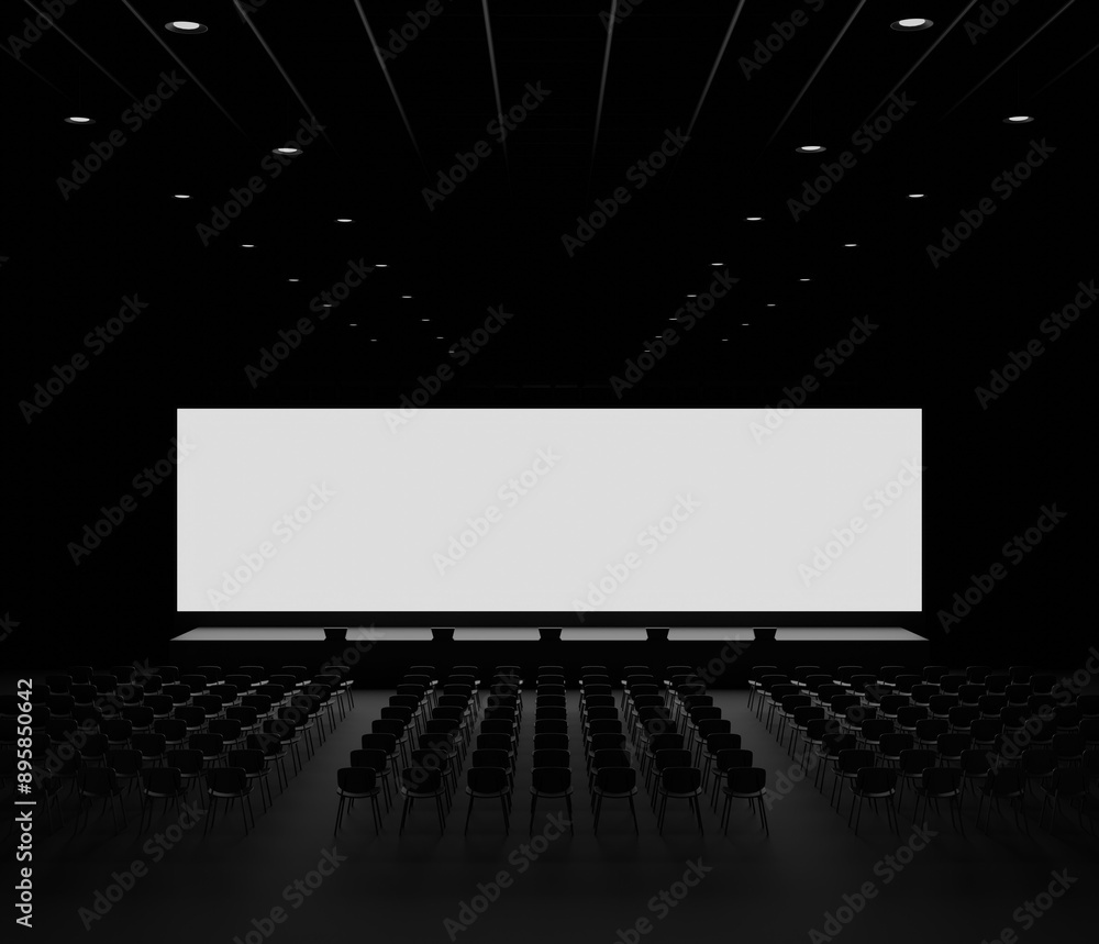 Presentation Hall audithorium empty with big blank screen mockup. Rows ...