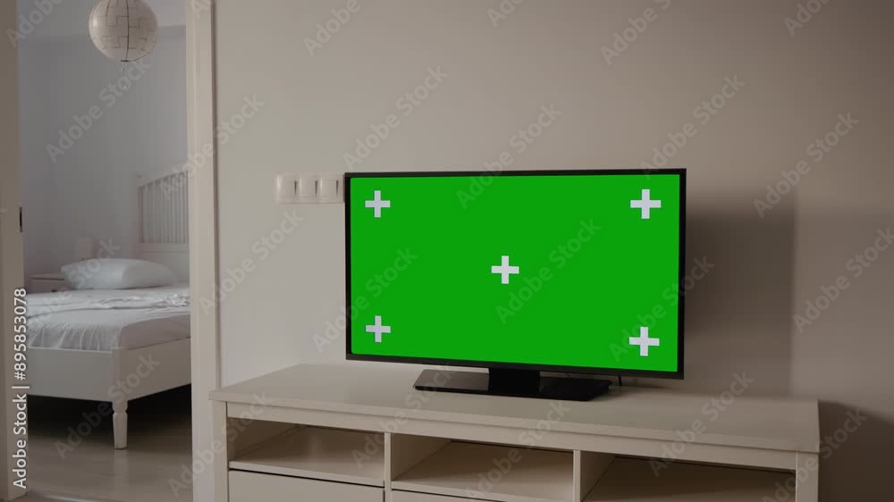 Smart TV green screen with background in the living room. Green screen ...