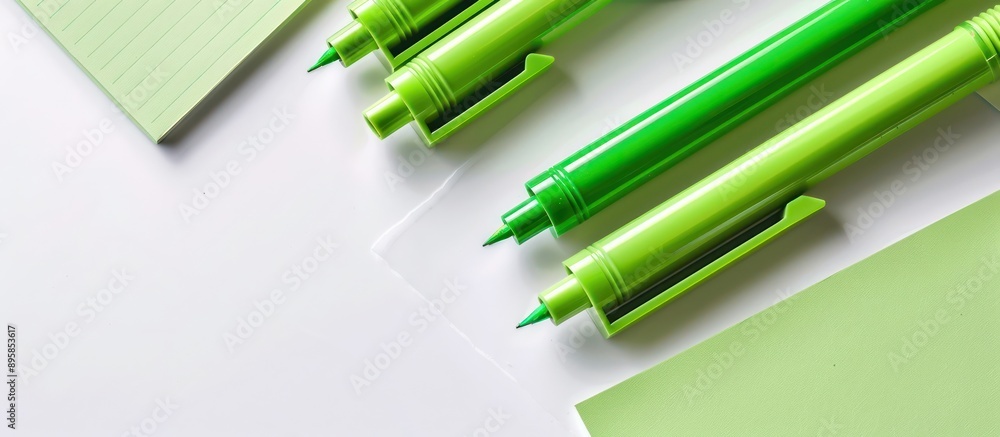 Green markers and sticky notes arranged on white, perfect for school ...