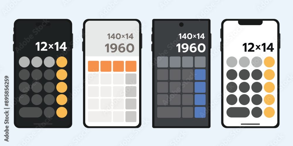 Smartphone with calculator app on screen display in different flat ...