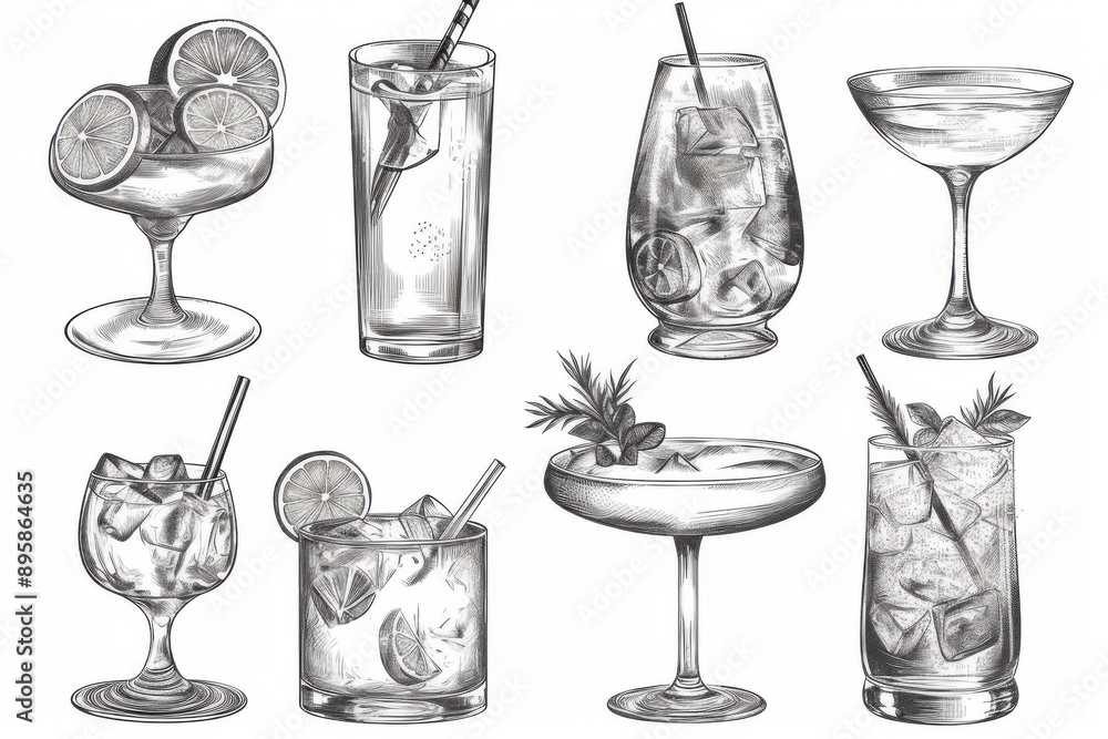 Black and white Vintage engraved art of set of cocktails isolated on ...