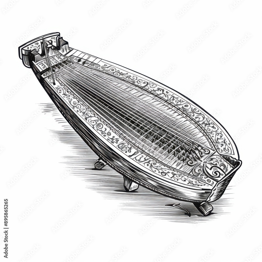 Black and white Vintage engraved art of a zither isolated on white ...