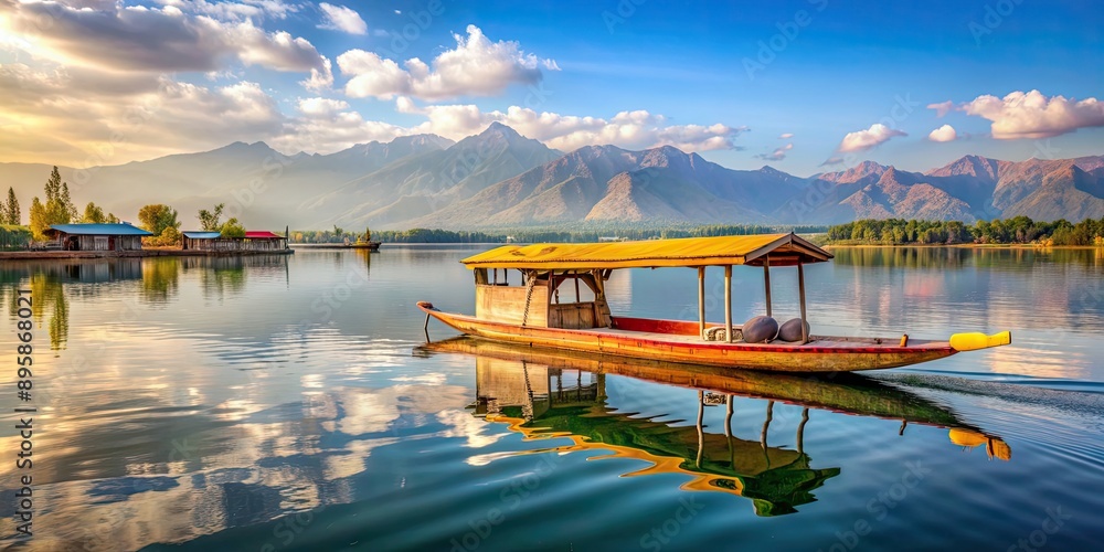 Shikara boat on serene Dal Lake in Srinagar, Jammu and Kashmir, India ...
