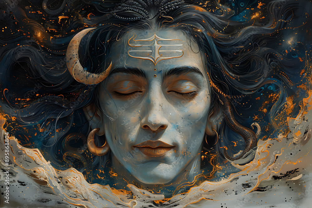 Shiva, a prominent deity in Hinduism, depicted with a crescent moon on ...