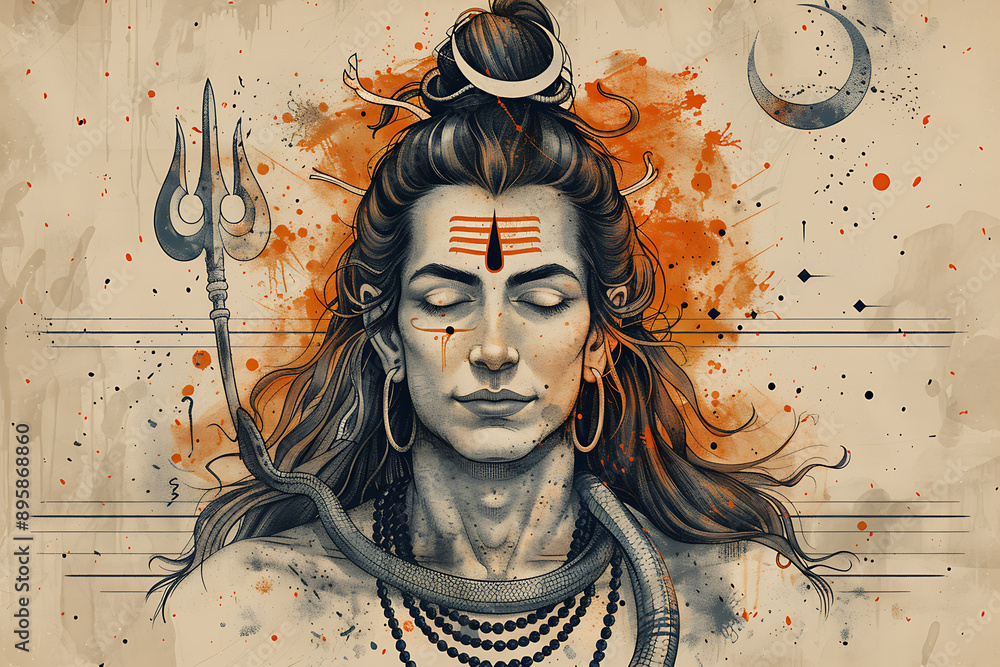 Shiva, a prominent deity in Hinduism, depicted with a crescent moon on ...