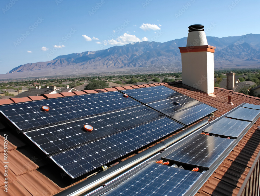 Solar panels and a solar powered water heater are installed on a ...