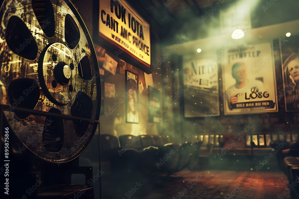 Vintage Movie Theater with Retro Film Reel and Nostalgic Posters, Dust ...