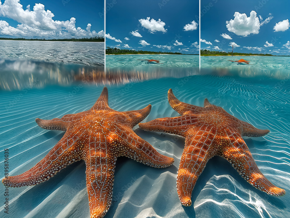 Two giant starfish float in clear, shallow water under a bright blue ...