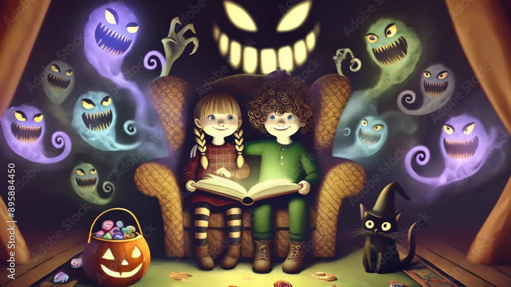 A spooky Halloween scene featuring two children reading a book of scary ...
