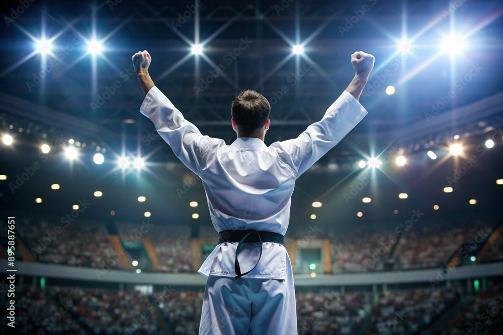 A karate athlete proudly raises his hands in the stadium in the light ...