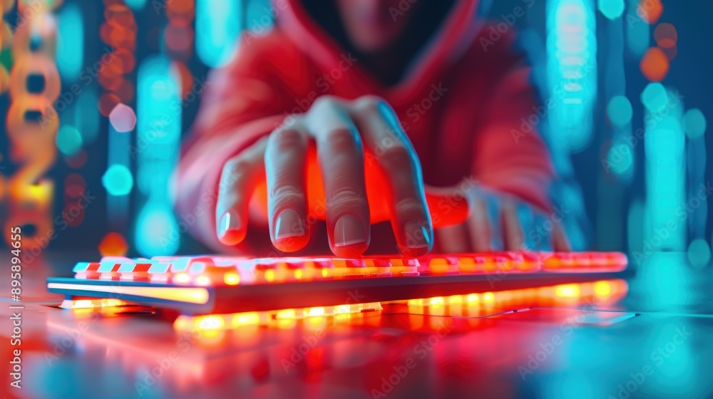 A focused hacker typing rapidly on a keyboard, surrounded by digital icons and warning messages ...