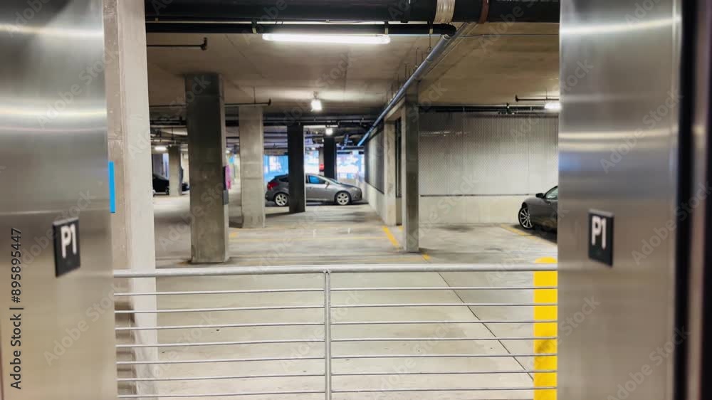 Parking garage elevator door opens and closes, revealing and concealing ...
