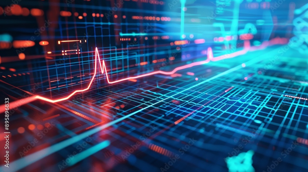 An ECG monitor shows cyan lines on the screen showing the heartbeat ...