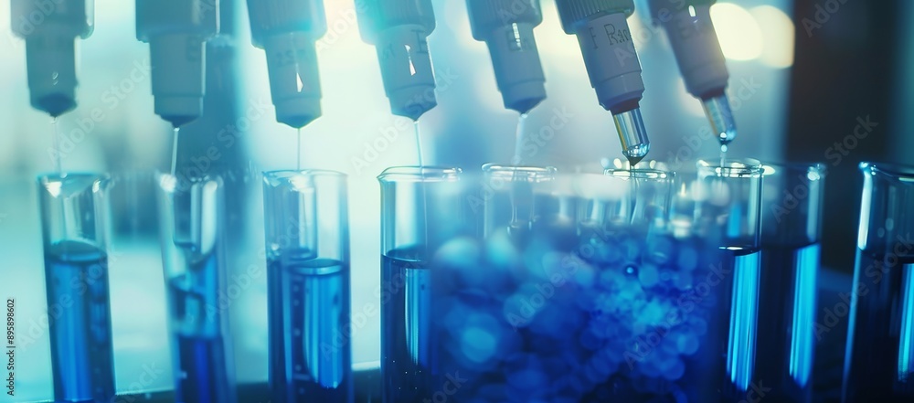 Molecular formula, chemical experiment, monkeypox virus. Close-up with ...