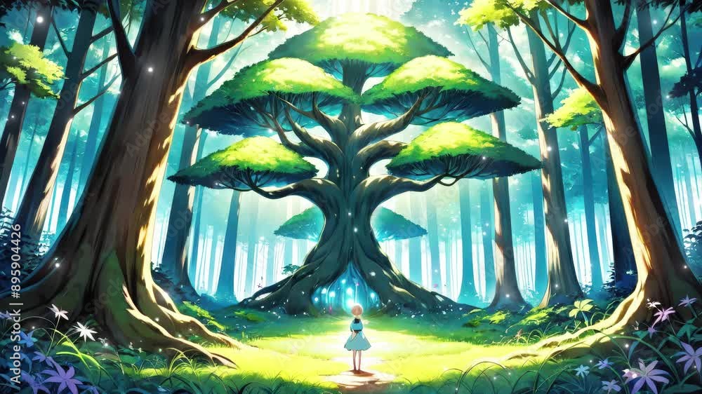 towering tree in a magical forest animated wallpaper, virtual ...