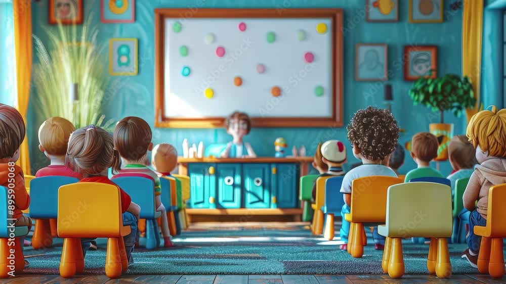 students gathered around teacher reading tale in traditional classroom ...