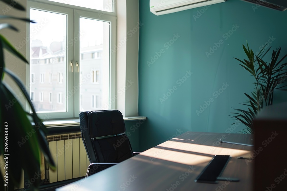 Empty office cubicle with desk and chair, sunlight filtering in from ...