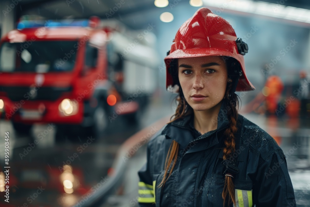 Female firefighter in full gear standing in front of a fire truck ...