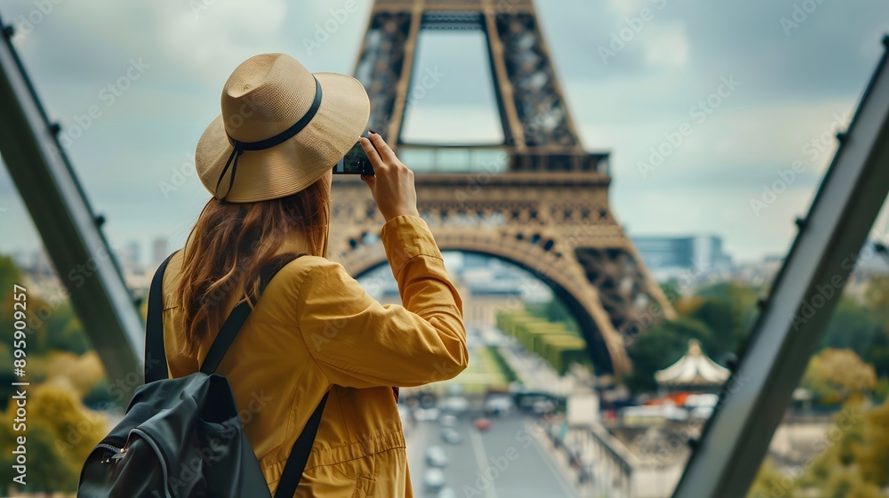 Candid at a Tourist Attraction: A woman taking photos at a famous ...