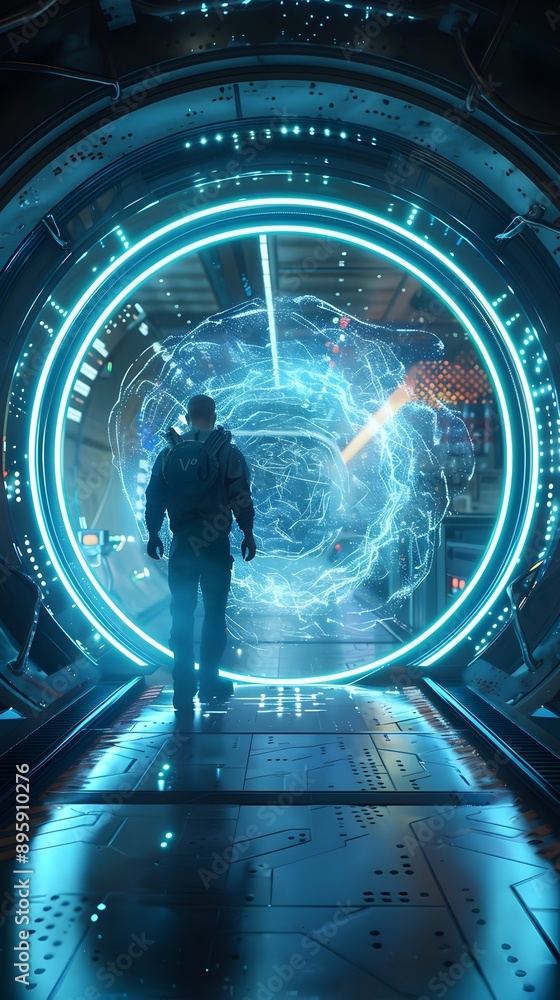 Authentic quantum teleportation scene featuring a futuristic digital ...